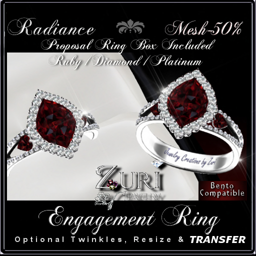 Second Life Marketplace - Zuri Rayna~ Radiance Engagement Ring-Ruby/Diamond/Platinum-Trans